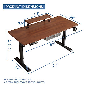 Jceet 63x30 Inches Electric Standing Desk with Drawer, Adjustable Height Sit Stand Up Desk with Storage Shelf, Home Office Desk Computer Workstation with Dark Walnut Top/Black Frame