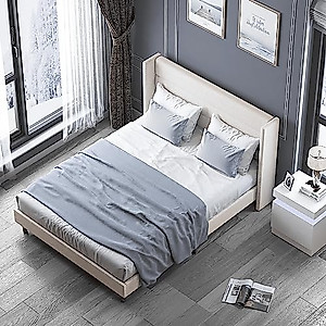 CECER King Size Platform Bed Frame with Upholstered Headboard, Bed Frame with Strong Wooden Slats, Strong Weight Capacity, No Box Spring Needed, Easy Assembly, Beige