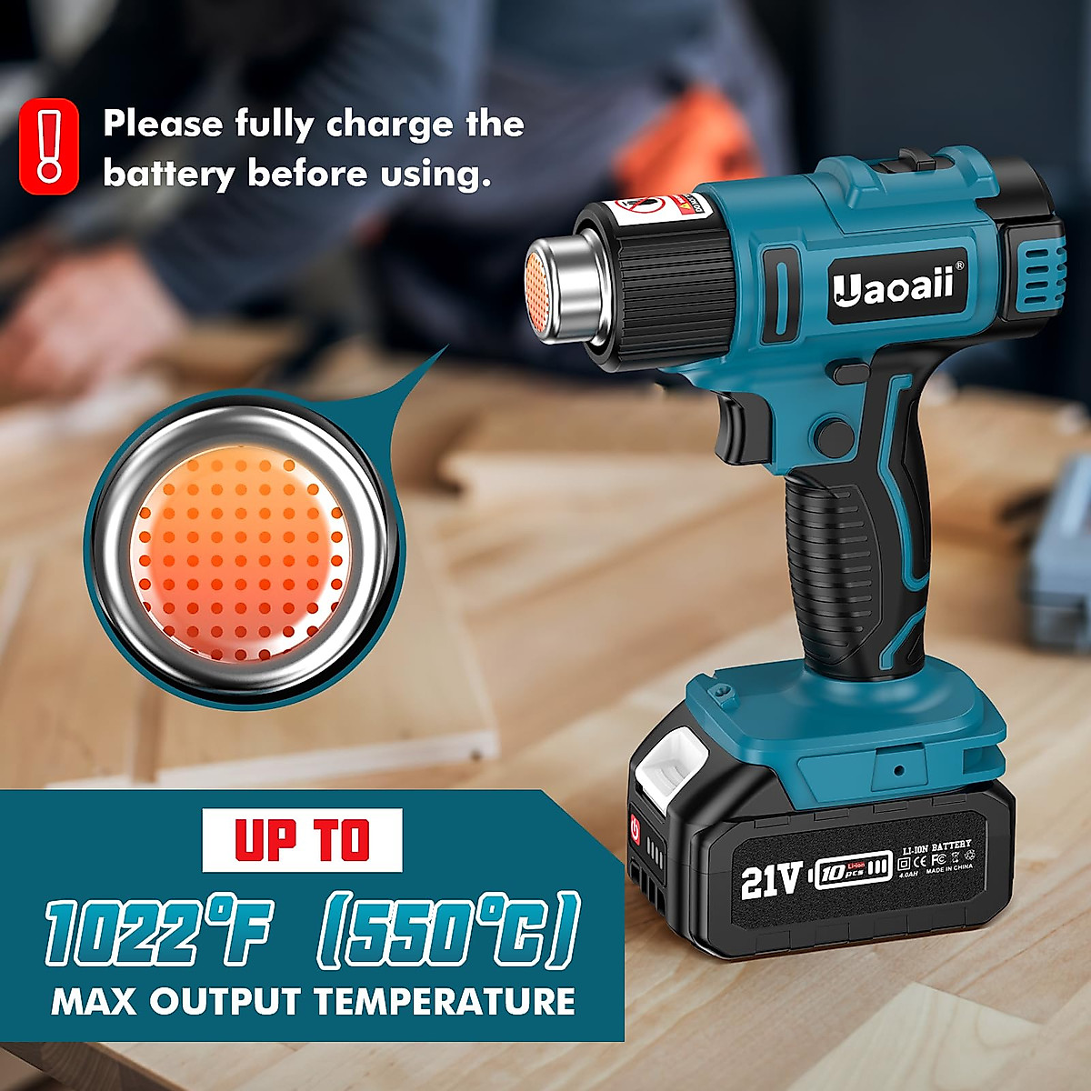 Cordless Heat Gun, Uaoaii 21V Hot Air Gun w/ 2x 4.0Ah Rechargeable Battery, 4 Nozzle, Led Light & Suitcase, 2-Temp Setting Max 1022°F(550°C) Heat Gun for Crafts, Shrink Tubing, Resin & Decorating