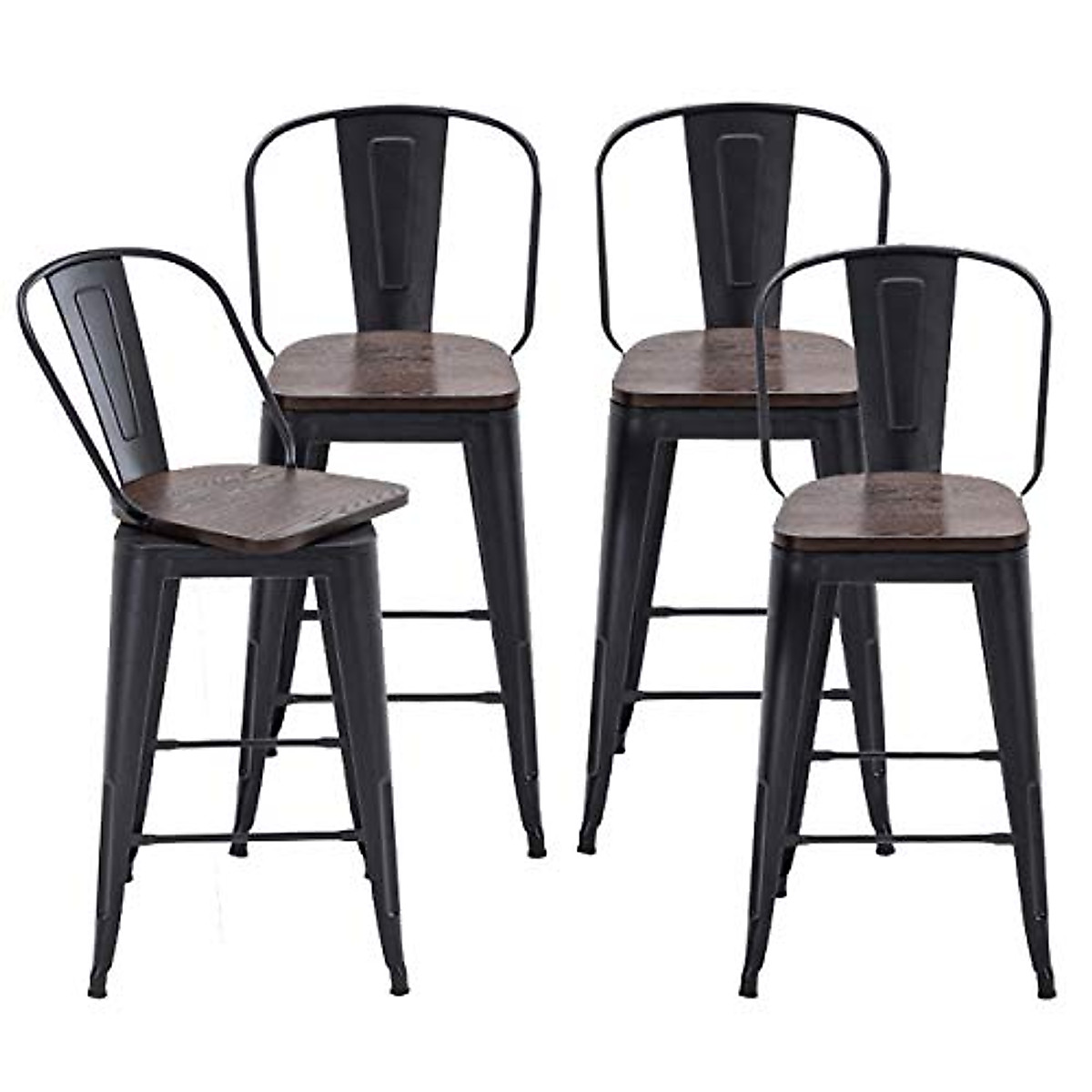 Alunaune 24" Swivel Metal Bar Stools Set of 4 High Back Counter Height Barstools Industrial Dining Bar Chairs with Large Wooden Seat-Matte Black