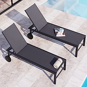 QAQA 2 PCS Outdoor Chaise Lounge with Wheels, Aluminum Patio Lounge Chair with 5 Adjustable Positions for Poolside, Beach, Yard, Dark Grey