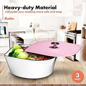 Bruntmor 3 Quart Cast Iron Enameled Dutch Oven - Modern Squoval Design - Nonstick Seasoned Pot with Stainless Steel Knob - Ideal for Christmas/Thanksgiving Dinner - White with Pink Lid