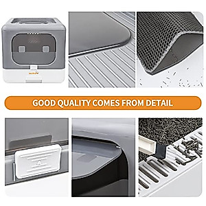 LOOBANI Foldable Cat Litter Box with Lid,Enclosed and Covered Litter Box to Prevent Smell, Anti-Splashing Kitty Potty with Scoop and Mat for Easy Clean, Large Top Entry Cat Toilet with Drawer (Grey)