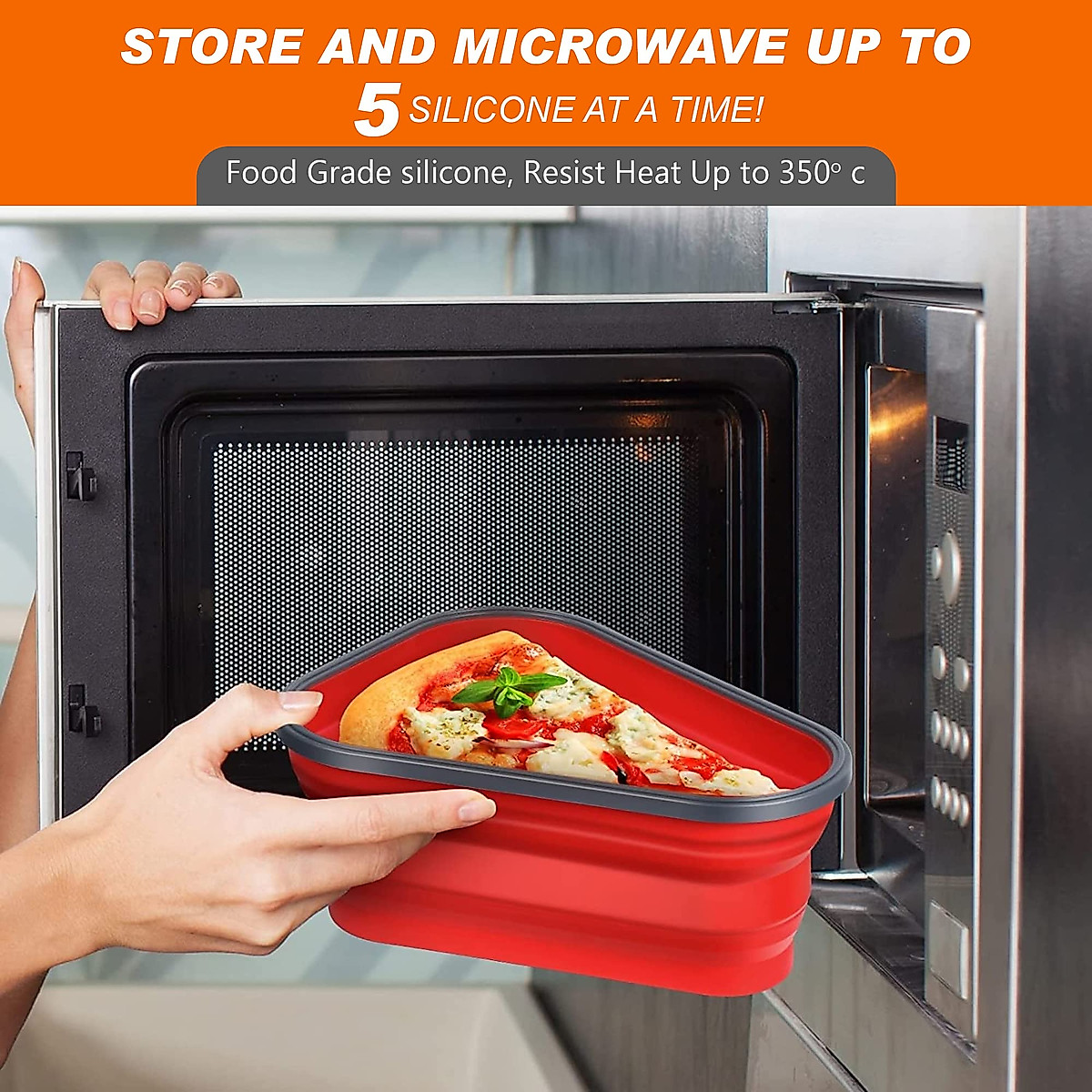 Pizza Storage Container with Pizza Cutter, 5 Microwavable Serving Trays with Pizza Container, Silicone Pizza Storage Container, Pizza Pack, Pizza Storage Container Collapsible, Pizza Keeper, Red