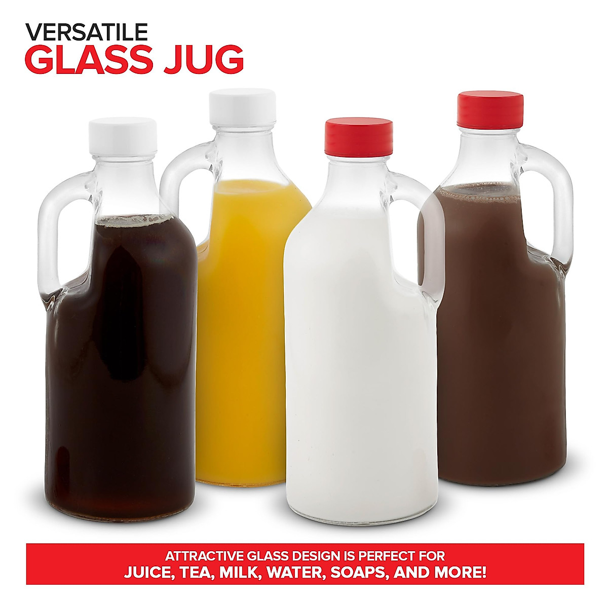 Stock Your Home 40 oz Glass Milk Bottle with Lid and Handle (2 Pack), 4 Reusable Caps, Milk Container for Refrigerator, Glass Juice Bottles, Water, Almond Cow Milk Storage Bottle, Glass Milk Jug