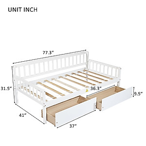 Twin Size Daybed Frame with Storage Drawers,Wood Day Bed Frame Twin Size,Daybed with Storage for Bedroom,Living Room,Kids Room, White