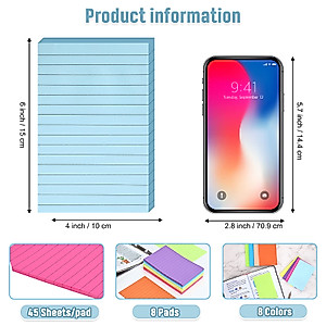 EOOUT 8 Pack Lined Sticky Notes 4x6 Inches, Bright Ruled Self-Stick Pads, Colorful Super Sticking Power Memo Pads, Strong Adhesive Notes for Home, Office, School, Meeting, 45 Sheets/pad