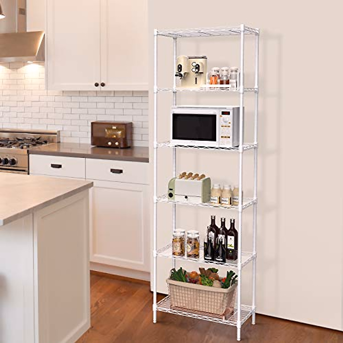 NATRKE 6-Tier Storage Shelf Wire Shelving Unit, Adjustable Heavy Duty Storage Shelves for Kitchen Organization, with Leveling Feet, White (21.26 Lx12 Wx69 H)
