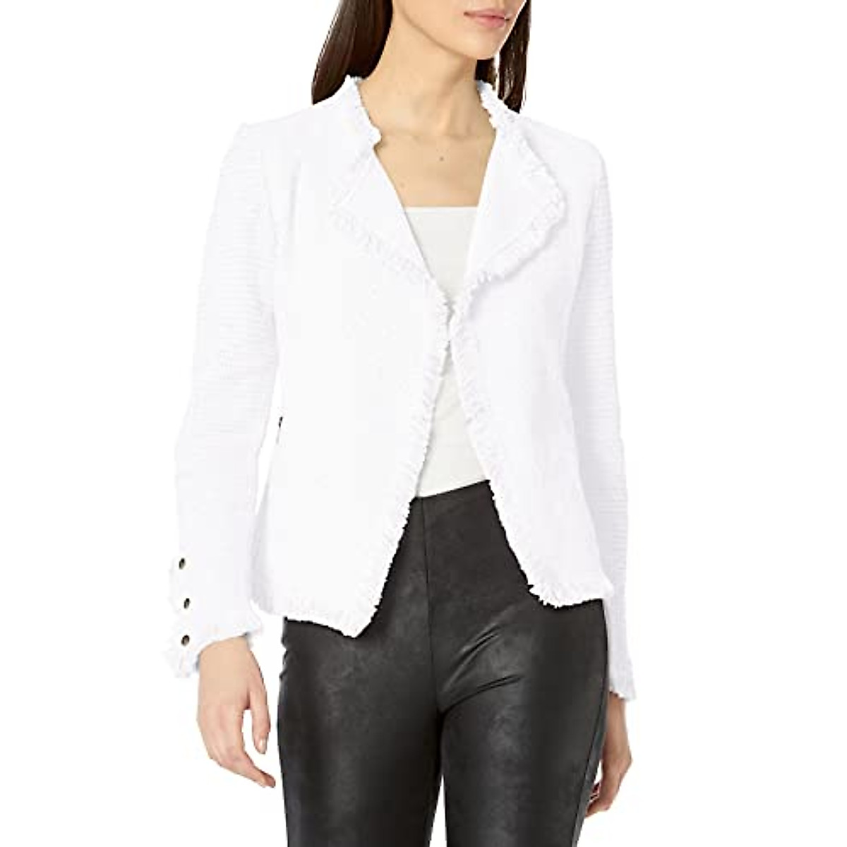 NIC+ZOE Women's Fringe Mix Jacket, Paper White, Large Petite