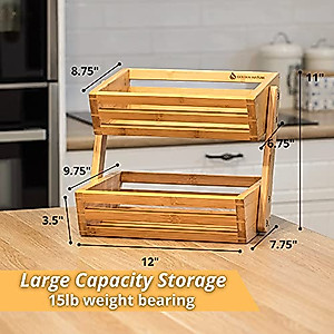 Golden Nature Bamboo Fruit Basket - 2 Tier Fruit Basket, Fruit Baskets For Kitchen Counter, Fruit Bowl, Fruit Stand, Banana Holder - Fruit Holder for Potato Storage, Onion Storage, Fruit & Veg Storage