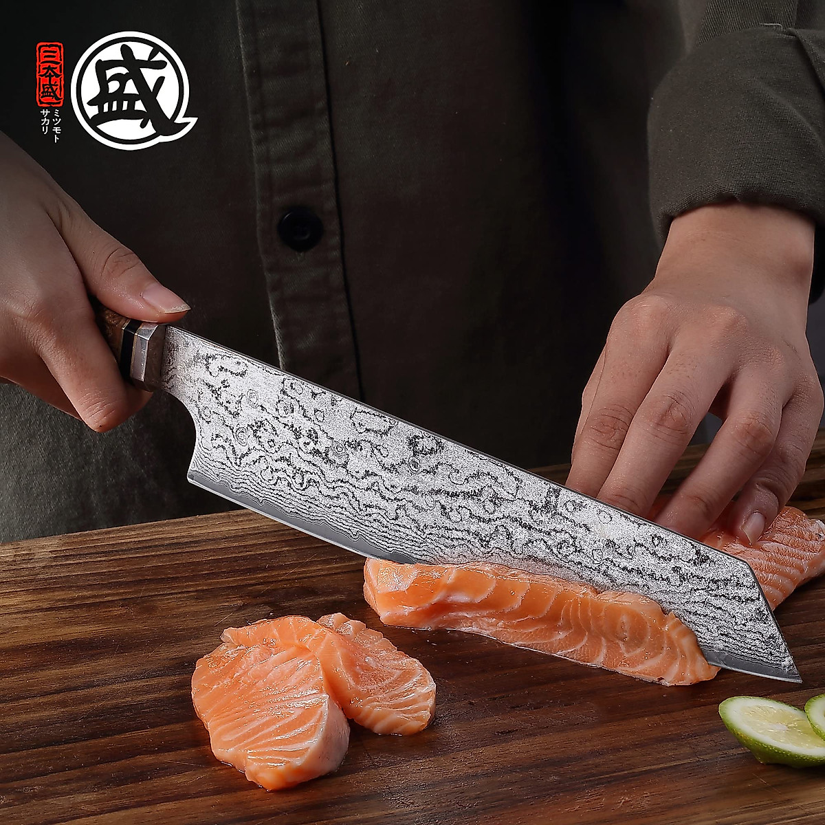 MITSUMOTO SAKARI 8 inch Japanese Kiritsuke Chef Knife, Hand Forged Japanese Sushi Knife, AUS-10 Premium Damascus Steel Kitchen Cooking Knife (Shadowwood Pomegranate Handle & Gift Box)