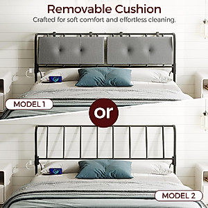 MAHANCRIS Queen Size Headboard, Upholstered Headboard with 2 Charging Stations, Metal Frame Structure, Adjustable Linen Upholstery with Strap Fastener, Bed Frame Adapter Included, Black and Grey