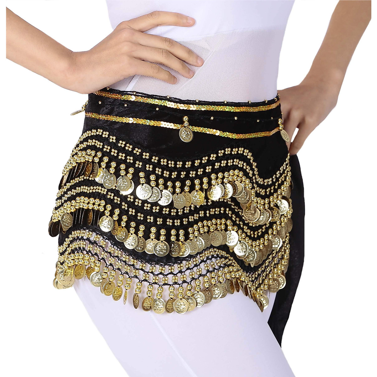 Lauthen.S 248 Gold Coins Belly Dance Hip Scarf Tribal Belt Halloween Gypsy Costume Accessory Black