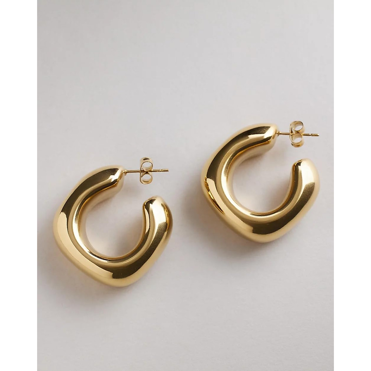 Thick Gold Chunky Hoops Earrings for Women Water Proof,18K Real Gold Plated Open Hoop Lightweight Hollow Non-Tarnish Earrings For Women