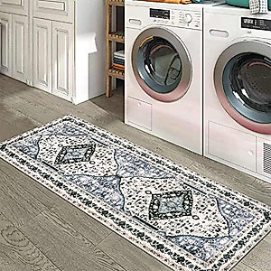 Beeiva Persian Washable Hallway Runner Rug, 2x6 Blue Vintage Floral Bathroom Kitchen Runner Rugs with Rubber Backing, Boho Runner Rug for Hallways Bedroom Entryway Laundry Room