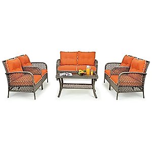 PHIKOOVA 6-Piece Wicker Patio Conversation Furniture Sets w/ 4 Pillows, Orange Outdoor Patio Furniture Set w/Table, All Weather PE Rattan Porch Outdoor Chairs, Brown Wicker/Orange Cushions