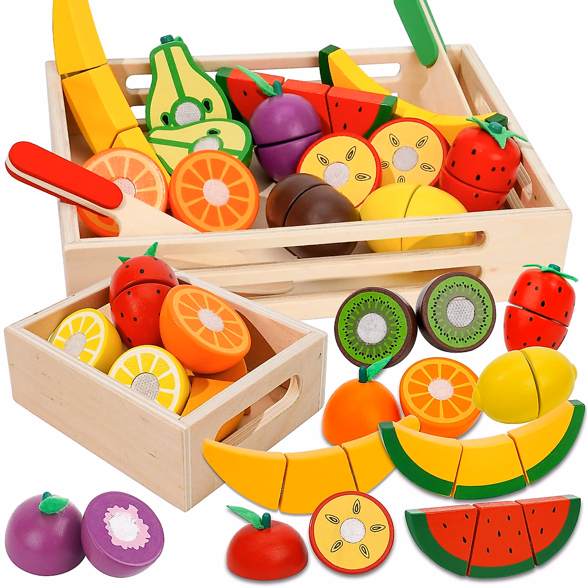BAODLON Wooden Cutting Fruit Set - Wooden Play Food Toys for Kids Kitchen, Multi Play Food Kitchen Accessory with 2 Trays, Play Fake Fruit Toys Birthday Gifts for 3 4 Years Toddler Girl Boy