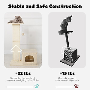 Small Cat Tree, 31 Inches Tall Cat Scratching Post with Perch & Condo, Natural Woven Sisal Cat Post Sctacher, Kitten Scratching Posts for Indoor Cats, Cat Scratch Tower with Fluffy Ball, Beige