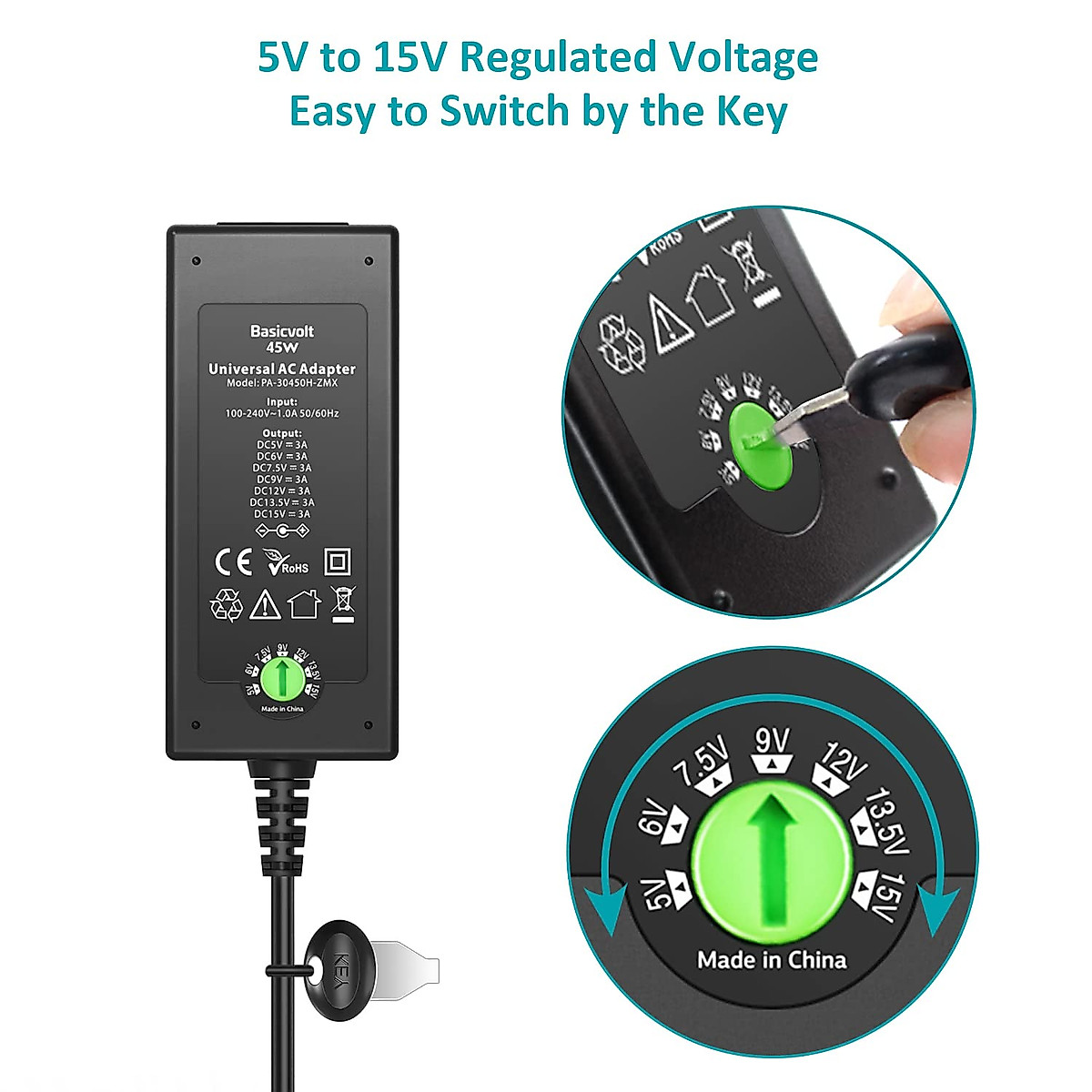 Basicvolt Universal AC Adapter 15V 13.5V 12V 9V 7.5V 6V 5V 3A 2.5A DC Power Supply for 5 to 15 Volt Household Electronics, 45W Max