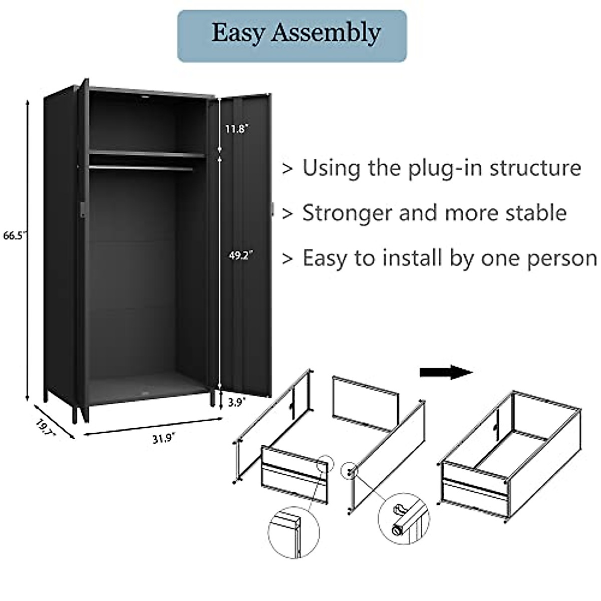 MIOCASA Steel Storage Cabinet Metal Locker 2 Door Wardrobe Armoire Closet with Hanging Rod for Bedroom, Changing Room, Laundry Room, Office