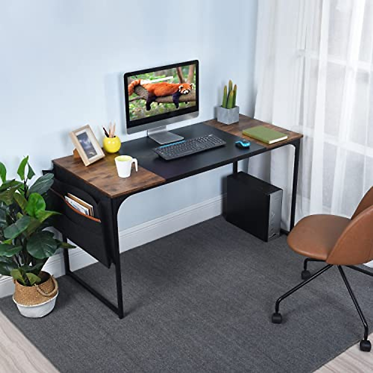 Homy Casa Inc Dembe KD 140CM Fabric Computer Desk, Writing Table, Black, Brown, 55 inch