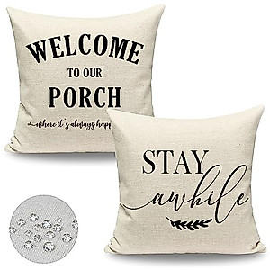 JOJOGOGO Welcome to Our Porch Stay Awhile Pillows Outdoor Pillow Covers 18x18 Waterproof Set of 2 Farmhouse Porch Decor Patio Decorative Throw Pillows 18 x 18 (No Inserts)