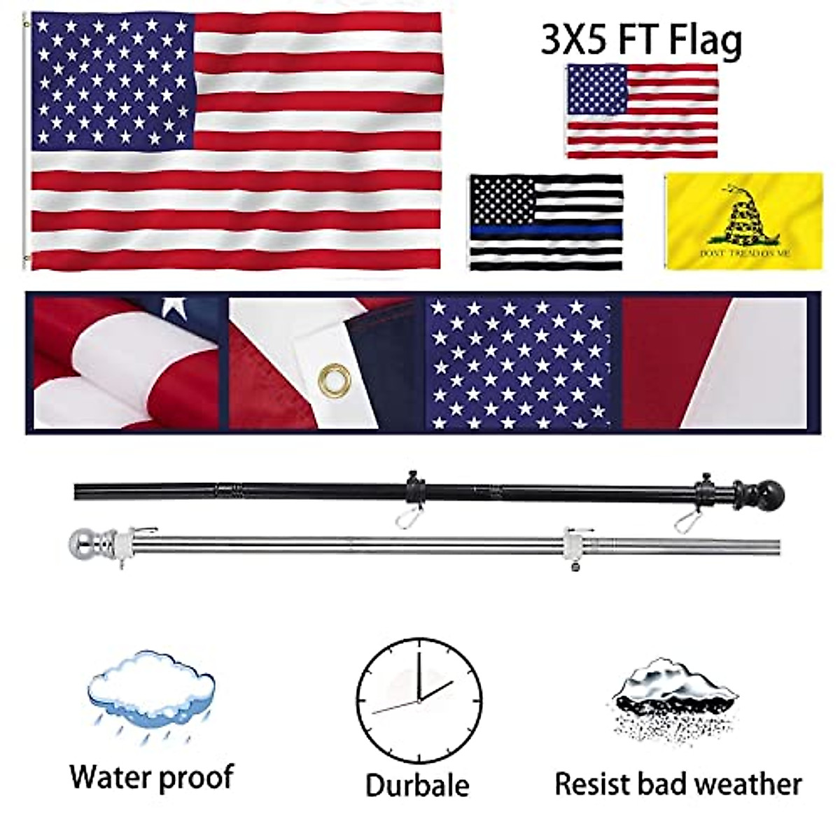 American flag with pole,Flag poles kit for 3 x 5 Flags Holder,Including 100% Polyester Flags, 6 FT stainless steel No Tangle Spinning Pole and 2-Position Flag Pole Bracket（American flag）