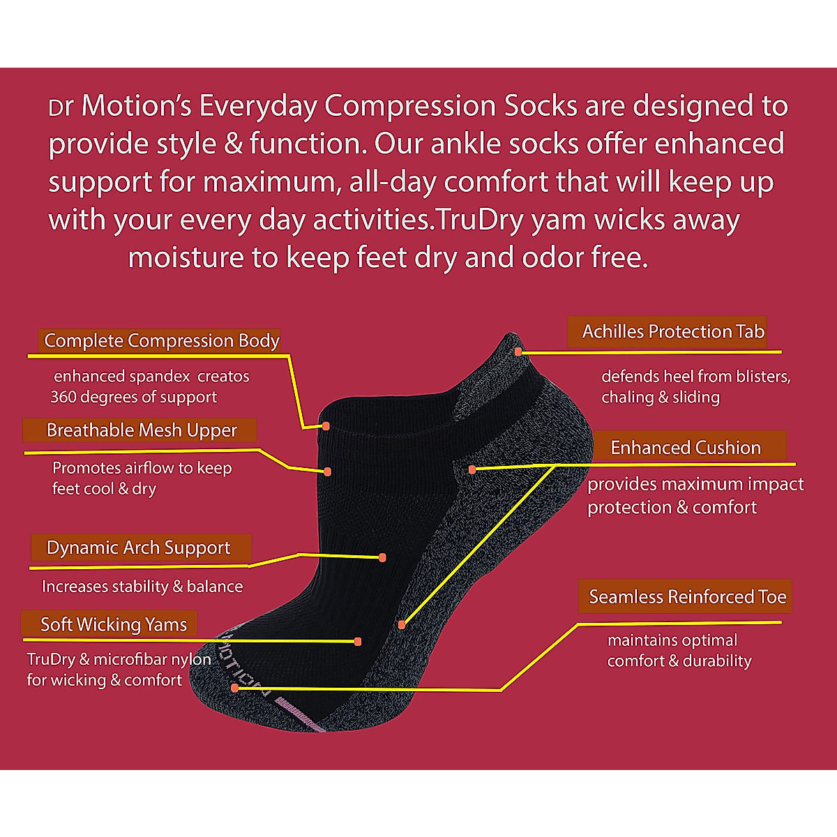 Motion Dr Women's 6pk Compression Low Cut Anklet Socks (9-11, Assorted)