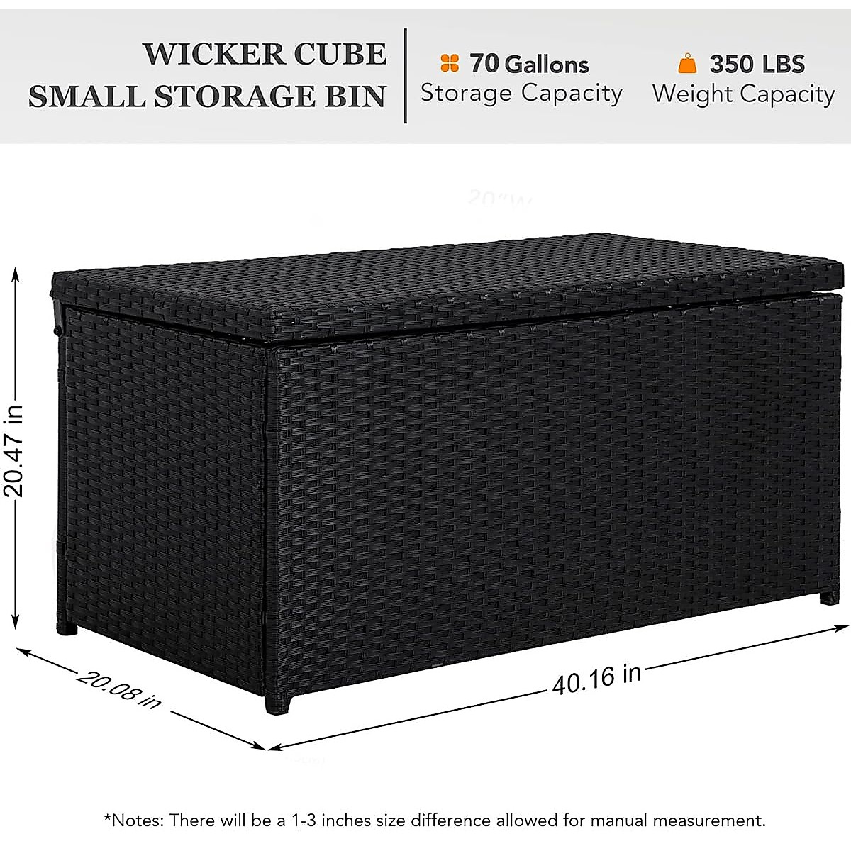 Outdoor 70 Gallon Wicker Storage Box with Waterproof Liner, Patio PE Rattan Storage Container for Outside, Deck Box with Hinged Lid for Cushions, Pillows, Towels, Horizontal Bin, Black