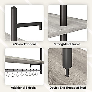 Bestier Floating Shelves, Storage Hanging Shelves for Wall Decor with Towel Bar and Hooks for Living Room Kitchen Coffee Bar, Grey