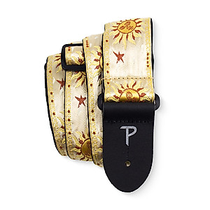 Perris Leather Guitar Strap - Sunshine Motif Jacquard Ribbon Guitar Strap, with Leather Ends - Electric/Acoustic/Bass Guitar Strap - Adjustable Strap From 39″ to 58″ - Gold