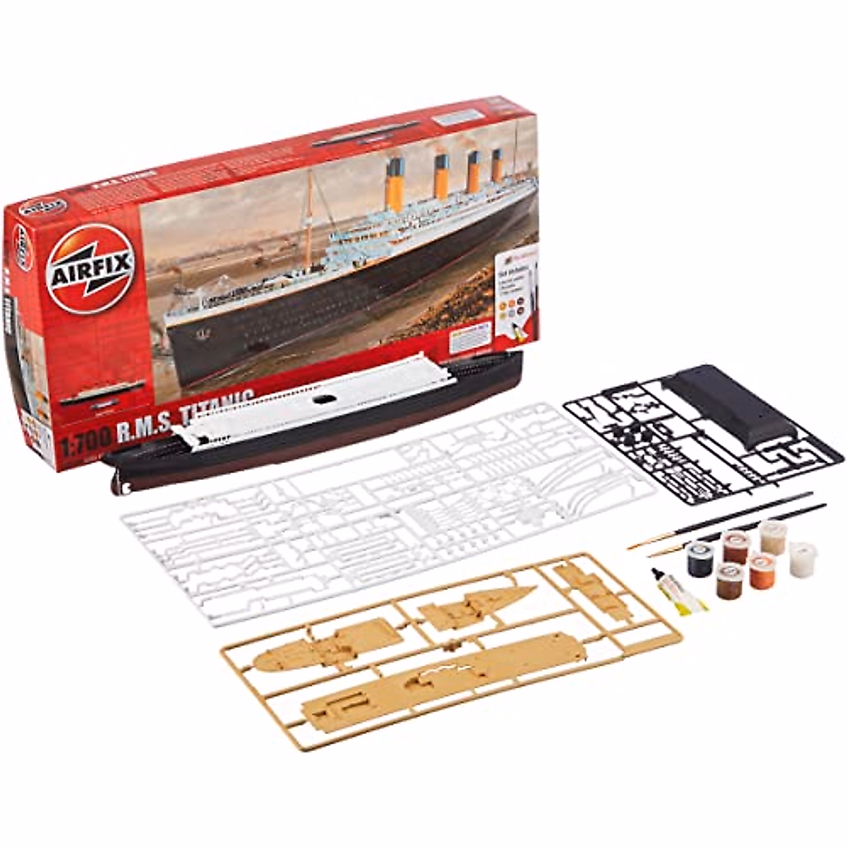 Airfix 1:700 RMS Titanic Gift Set - Plastic Model Kits, Model Ship & Boat Building Kits for Adults, includes: 1:700 Scale Model of The RMS Titanic, 6 Humbrol Acrylic Paints, 2 Brushes & 1 Poly Cement