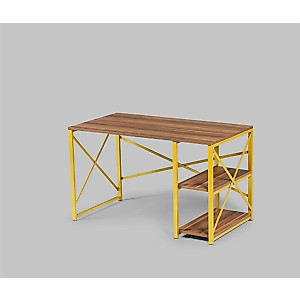 LLS Computer Desk, Work Table Writing Desk Gaming Table Workstation with 47" Wooden Top & 2 Shelves, Writing Sturdy Table Computer Desk with Gold Metal Frame for Home Office Furnish Store, Brown