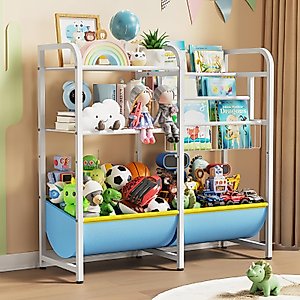 Kids Bookshelf and Toy Storage - 3 Tier Montessori Bookshelf with Fabric Toy Box, Nursery Book Shelves for Children, Baby Toddler Toy Organizer Book Shelf for Kids Rooms, Living Room, Bedroom