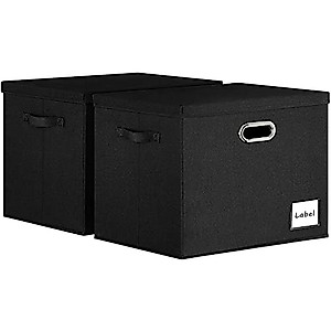 LHZK Extra Large Storage Bins with Lids 16x12x12 Foldable Linen Fabric Storage Boxes with Lids, Decorative Fabric Storage Bins with Label & 3 Handles for Shelves Bedroom Home Office (Black, 2-Pack)