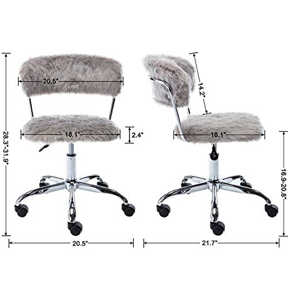 Kmax Fuzzy Office Desk Chair Faux Fur Kids Armless Rolling Task Chair Comfy Vanity Chair for Bedroom, Grey