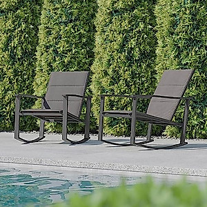 Flash Furniture Brazos Set of 2 Gray Outdoor Rocking Chairs with Flex Comfort Material and Black Metal Frame,Gray/Black