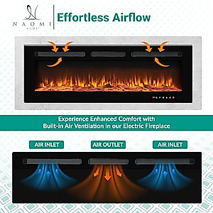 Alice 50" Electric Fireplace Inserts Recessed, Wall Mounted Fireplace LED Fireplace with 12 Flame Colors, Touch Screen, Remote Control, Timer, Carbon & Crystal Stones 500W/1500W - 50 inches