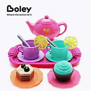 Boley Tea Set - 40 Piece Children's Tea Party Set with Princess Pink Teapot and Plastic Tray, Vintage Teacups with Saucers and Lemon Slices, Fancy Cake Stand with Cutlery and Play Food Mini Desserts