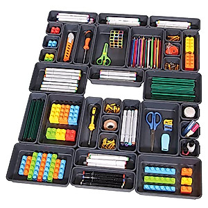 Set of 32 Interlocking Desk Drawer Organizer Tray Dividers Plastic Shallow Narrow Drawers Organizers Separators Storage Bins Container for Kitchen Bathroom Makeup Office Vanity Bedroom Dresser