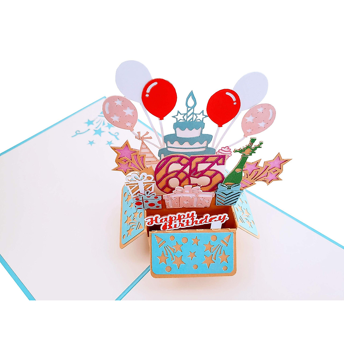 iGifts And Cards Happy 65th Blue Birthday Party Box 3D Pop Up Greeting Card – Sixty-Five, Awesome, Balloons, Unique, Celebration, Presents, Feliz Cumpleaños, Fun, Mom, Dad