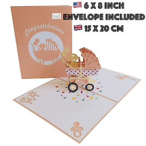Baby Shower Pop Up Card for Boy Girl by DEVINE Popup Cards | New Baby Stroller Congratulations Card | Welcome Home Baby Shower Card | 3D Gift Card Thank You Love | Congratulations Baby Card