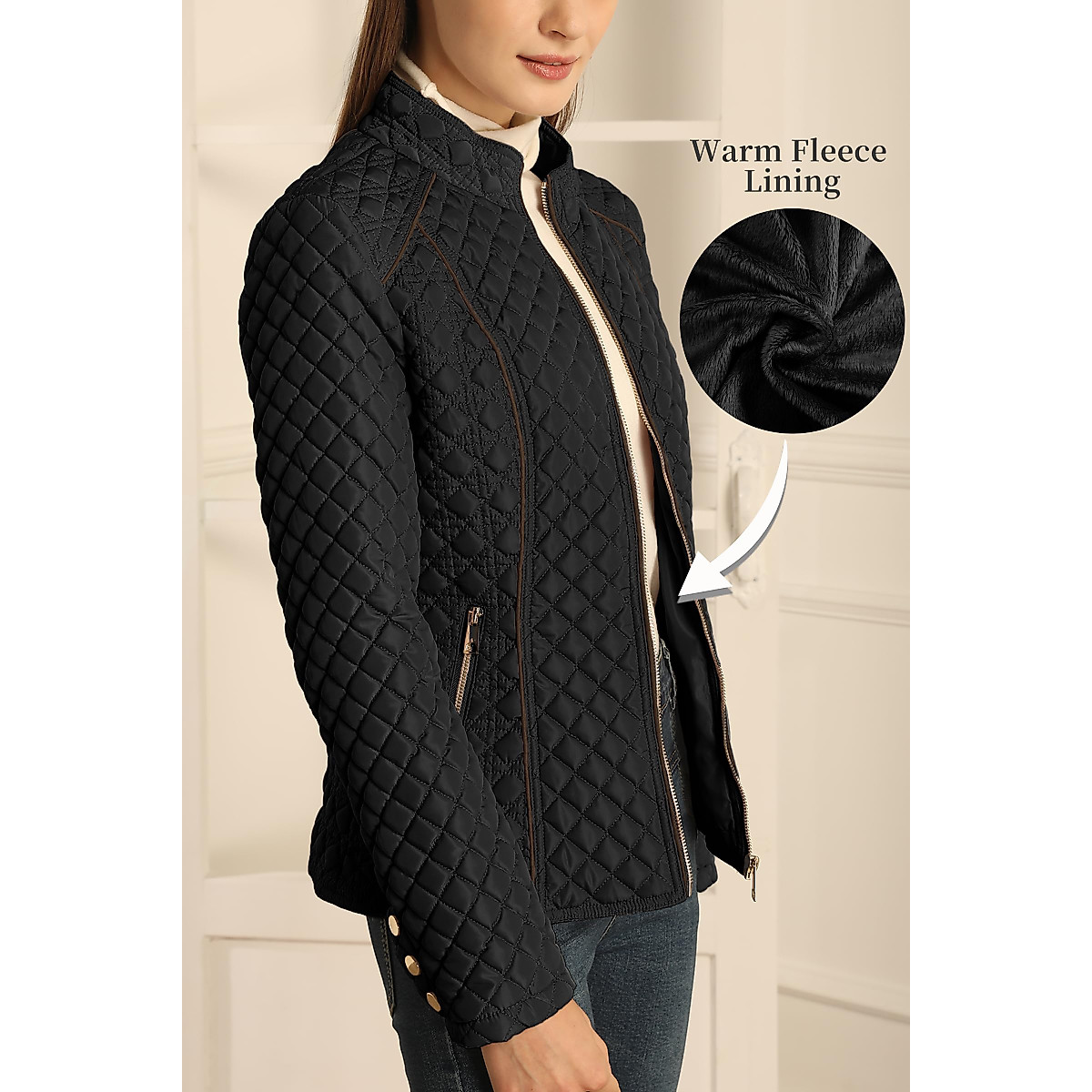 Bellivera Women's Stand Collar Lightweight Quilted Puffer Jacket Padded Zip Coat for Spring and Winter 087 black S