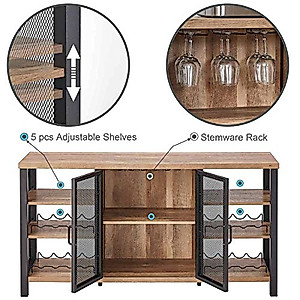 FATORRI Industrial Wine Bar Cabinet for Liquor and Glasses, Farmhouse Wood Coffee Bar Cabinet with Wine Rack, Metal Sideboard and Buffet Cabinet (55 Inch, Rustic Oak)