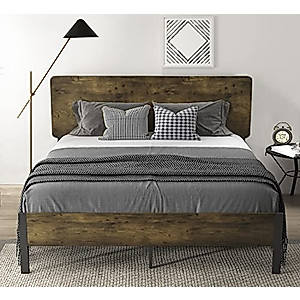 SHA CERLIN Queen Size Metal Platform Bed Frame with Wooden Headboard and Footboard/Mattress Foundation/No Box Spring Needed/Non-Slip Without Noise/Black&Brown