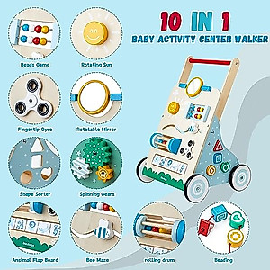 medoga Wooden Baby Walker, 10 in 1 Baby Activity Center Walker Adjustable Wood Toddler Walker Push Walker toy for Boys and Girls (BW001)
