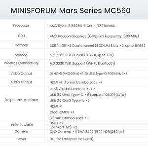MINISFORUM MC560 Mini PC Windows 11 Pro AMD Ryzen 5 5625U 16GB RAM 512GB SSD Mini Desktop Computer with 2.5K@30Hz Camera, Dual High-Fidelity Speakers, 1xHDMI / 1X USB C / 2X USB3.2 Port