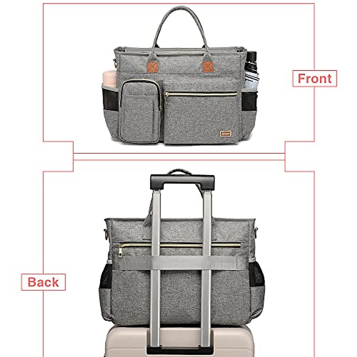 Rabjen Diaper Bag Tote, Travel Multifunction Baby Bag with Insulated Pockets Padded Sleeve for up to 15.7’’ Laptop