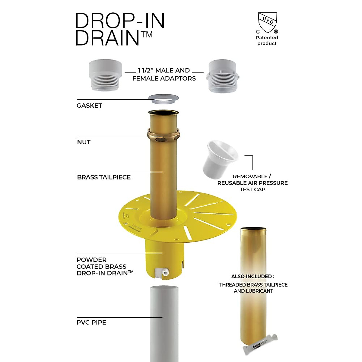 DROP-IN DRAIN Installation Kit for Freestanding Bathtub - with White PVC Pipe and brass pipes