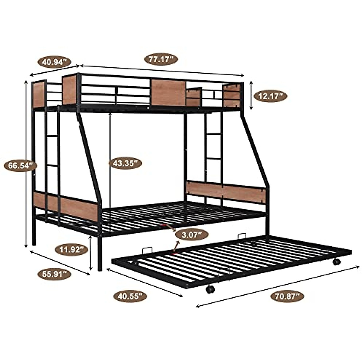 Zevemomo Twin Over Full Bunk Beds with Trundle, Thickened Metal Bed Frame with Safety Rail 2 Side Ladders Triple Bunk Bed for Boys Girls Adults Loft, No Box Spring Needed, Black